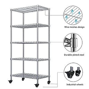 SUOERNUO 5-Shelf Shelving Storage Unit on Wheel Casters Metal Organizer Wire Rack for Home Office Kitchen Bathroom Organization 30Lx14Wx62.5H (5-Shelf Silver)