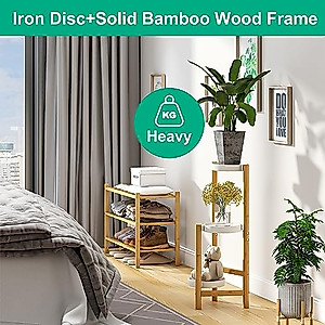 Plant Stand Indoor with Round Iron Plates, 3 Tiered Plant Stands for Indoor Plants Multiple, Bamboo Corner Plant Stand for Window Garden Balcony Living Room