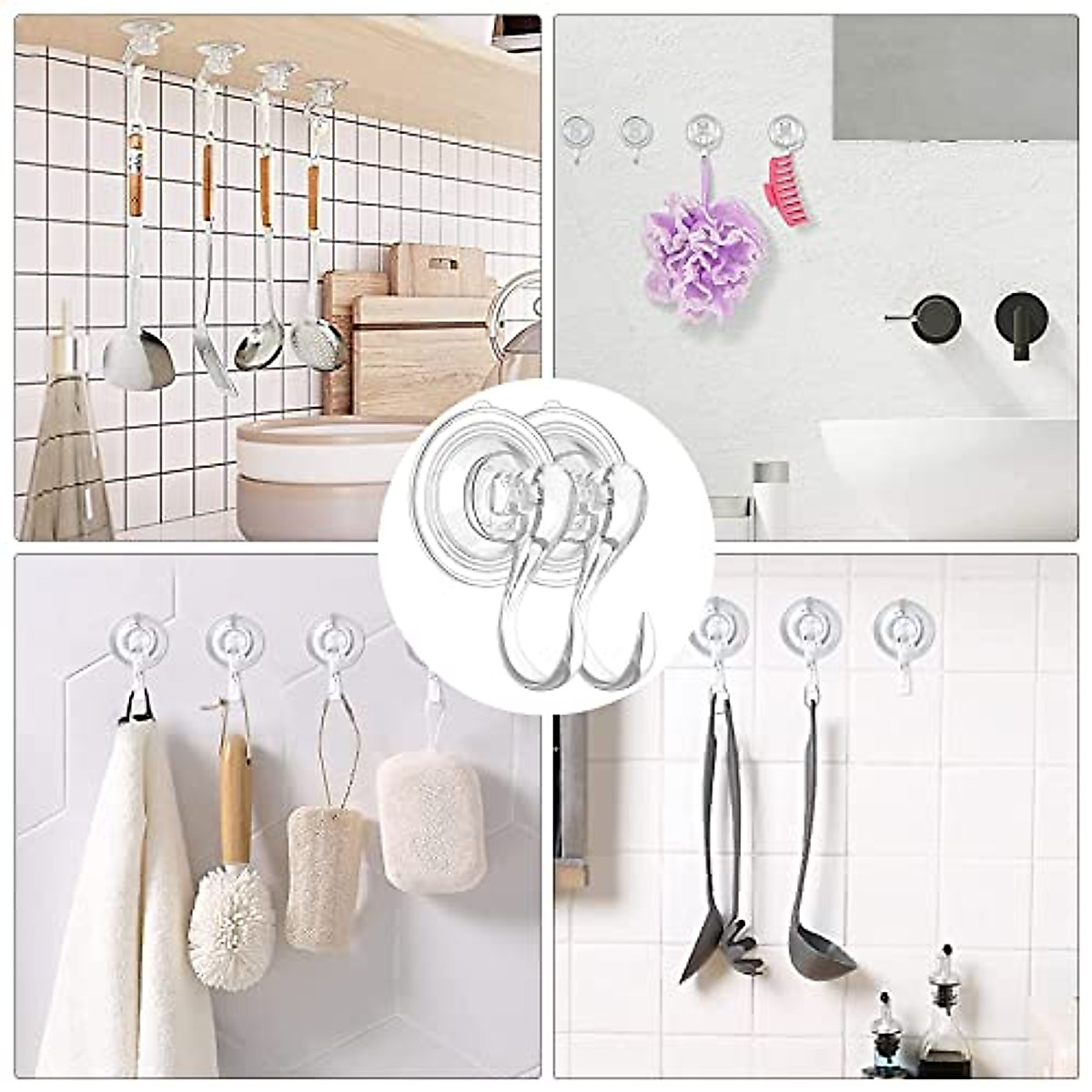 Theshai 4 Pack Suction Cup Heavy-Duty Hook, Large Clear Reusable Wreath Vacuum Hook, for Glass Windows Windshield Tile Kitchen Bathroom Mirror Shower Wall Terrarium to Hang Bags Coats Umbrellas