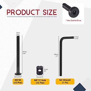 Hilitchi M6 Black Hex Socket Head Screws Bolts Barrel Nuts Hardware Assortment Kit for Crib Baby Bed Furniture Cots and Chair (M6×65-12PCS)