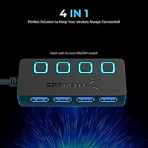 Sabrent 4-Port USB 3.0 Data Hub with Individual LED Power Switches | 2 Ft Cable | Slim & Portable | for Mac & PC (HB-UM43)