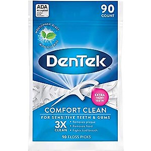 DenTek Comfort Clean Floss Picks for Sensitive Teeth, Soft and Silky Ribbon, 90 count Each (Pack of 1)