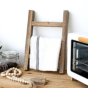 FUIN Wooden Tea Towel Ladder, Mini Ladder Towel Rack Display Hanger, Small Rustic Farmhouse Tea Towel Stand Holder for Country Bathroom Decor, Burnt Brown