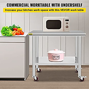 Stainless Steel Work Table 36x24 Inch Commercial Food Prep Worktable Heavy Duty Kitchen Table with Undershelf Metal Table w/Casters for Kitchen, Restaurant, Hotel, Garage (36in x 24in)