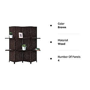 Room Divider 4 Panel Room Screen Divider Wooden Screen Folding Portable Partition Screen Wood with Removable Storage Shelves Color,Brown