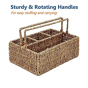 MadeTerra Large Wicker Utensil Caddy Carrier | Seagrass Woven Condiment Holder for Table - Kitchen Set Counter Top Organizer - Rustic Small Storage for Dinner Set , Wine