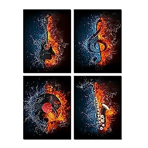 VVOVV Wall Decor - 4 Panel Music Canvas Painting Water and Fire Instrument Series Picture Prints Electric Guitar,Music Note,Saxophone and Turntable Wall Art (Music Wall Art)
