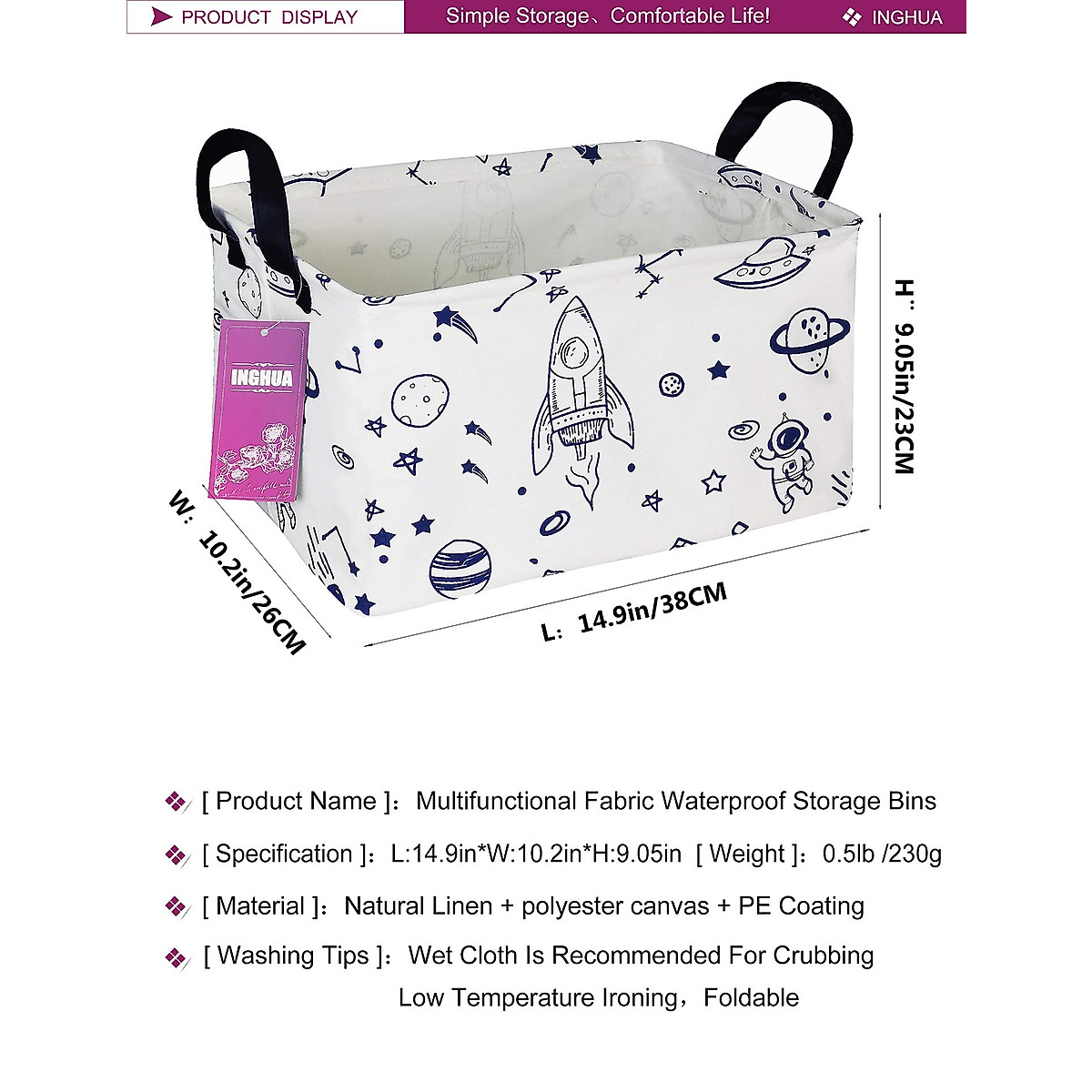 INGHUA Rectangular Storage Basket Fabric Organizer Bin for Toys,Books,Clothes,Gifts,Pets-Perfect for Home,Office,Nursery,Dorm,Shelf(Rec Spaceships)