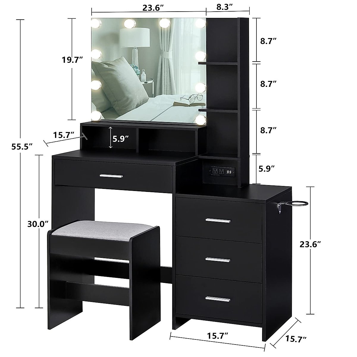 usikey Large Vanity Table Set with Lighted Mirror & Charging Station, Makeup Vanity Dressing Table with 4 Storage Shelves and 4 Drawers, Vanity Desk with 3-Drawer Chest and Cushioned Stool, Black