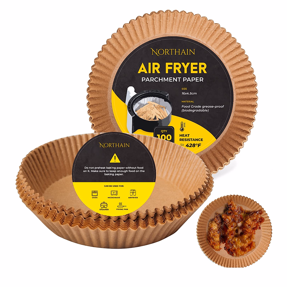 Air Fryer Liners 100 PCS with Cheat Sheet,Raised Edge Sheets Keep AirFryer Basket Clean,Compatible with Oven, Steamer & Crockpots