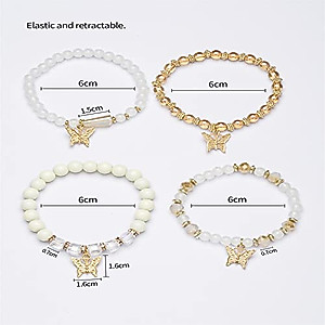 4Pcs Set Bohemian Butterfly Crystal Stone Stretch Pendant Bracelets for Women Girls Gold Beaded Stackable Stretch Bracelet Colorful Charm Jewelry Boho Summer Beach-White