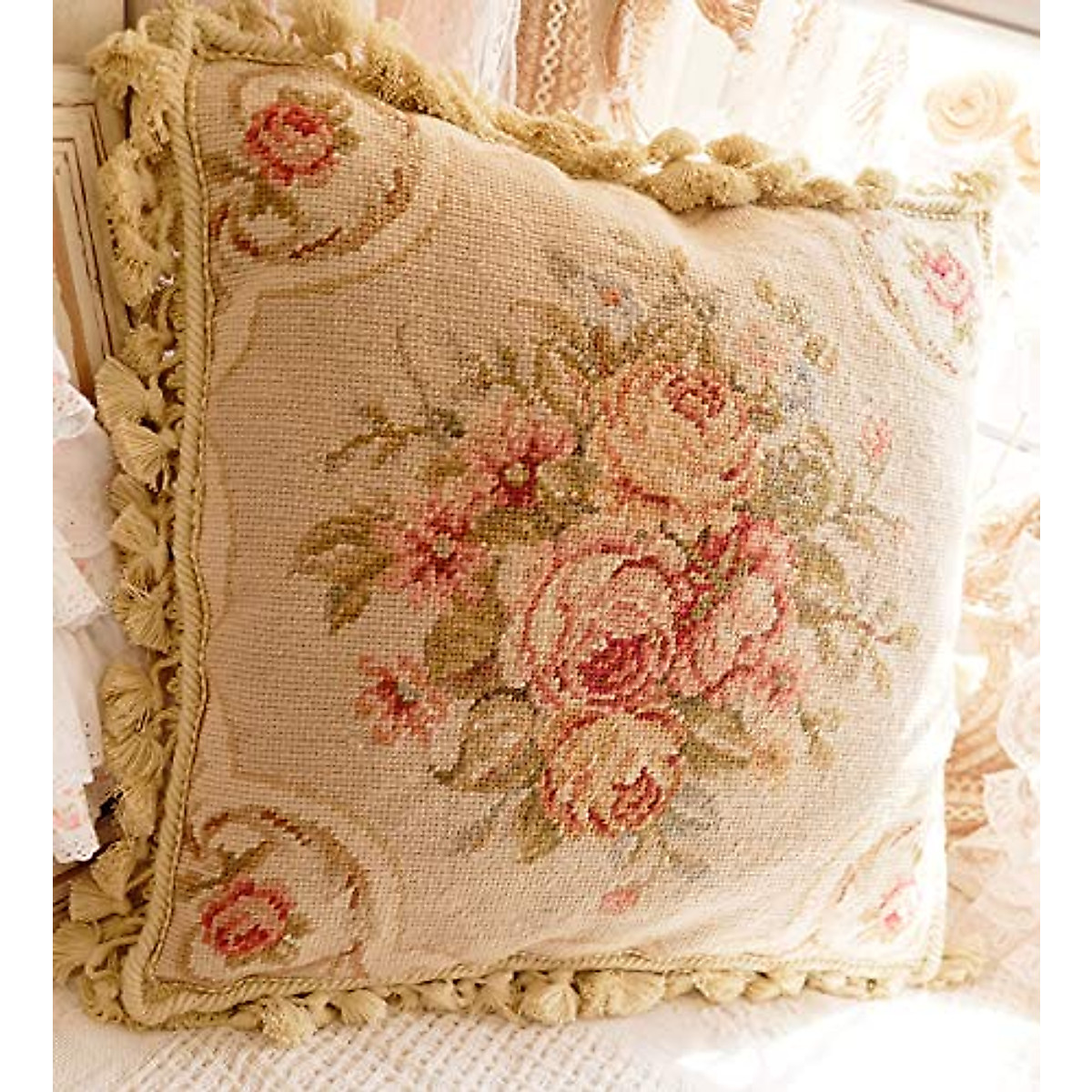 Fine Home Crafts 16" Shabby Chic Victorian Hand Crafted Vintage Rose Needlepoint Pillow Cushion Cover