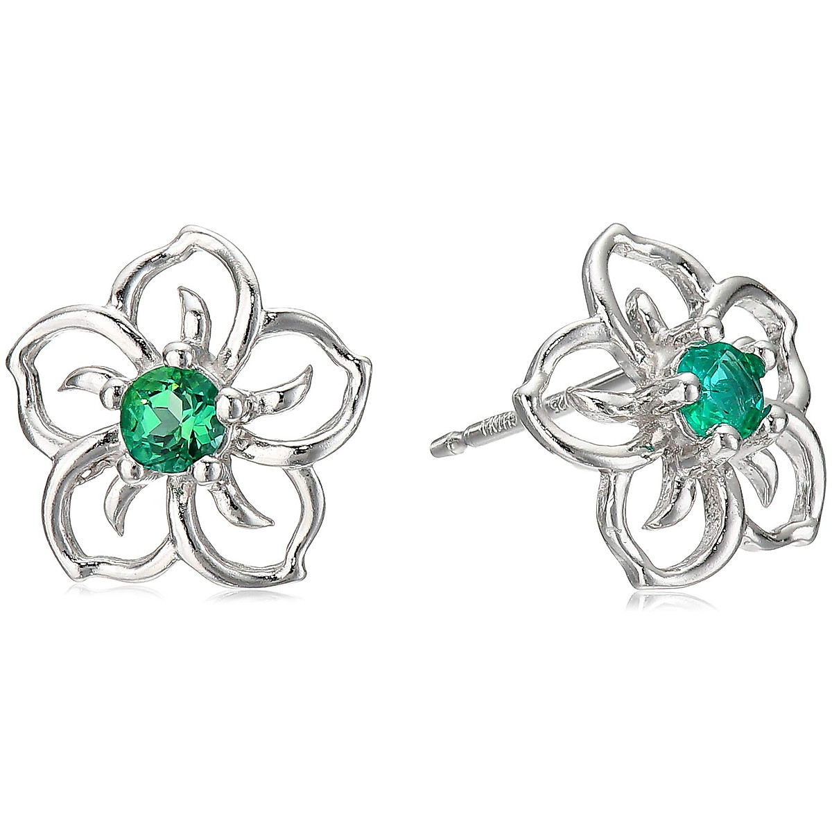 Amazon Essentials Sterling Silver Created Emerald Flower Stud Earrings (previously Amazon Collection)