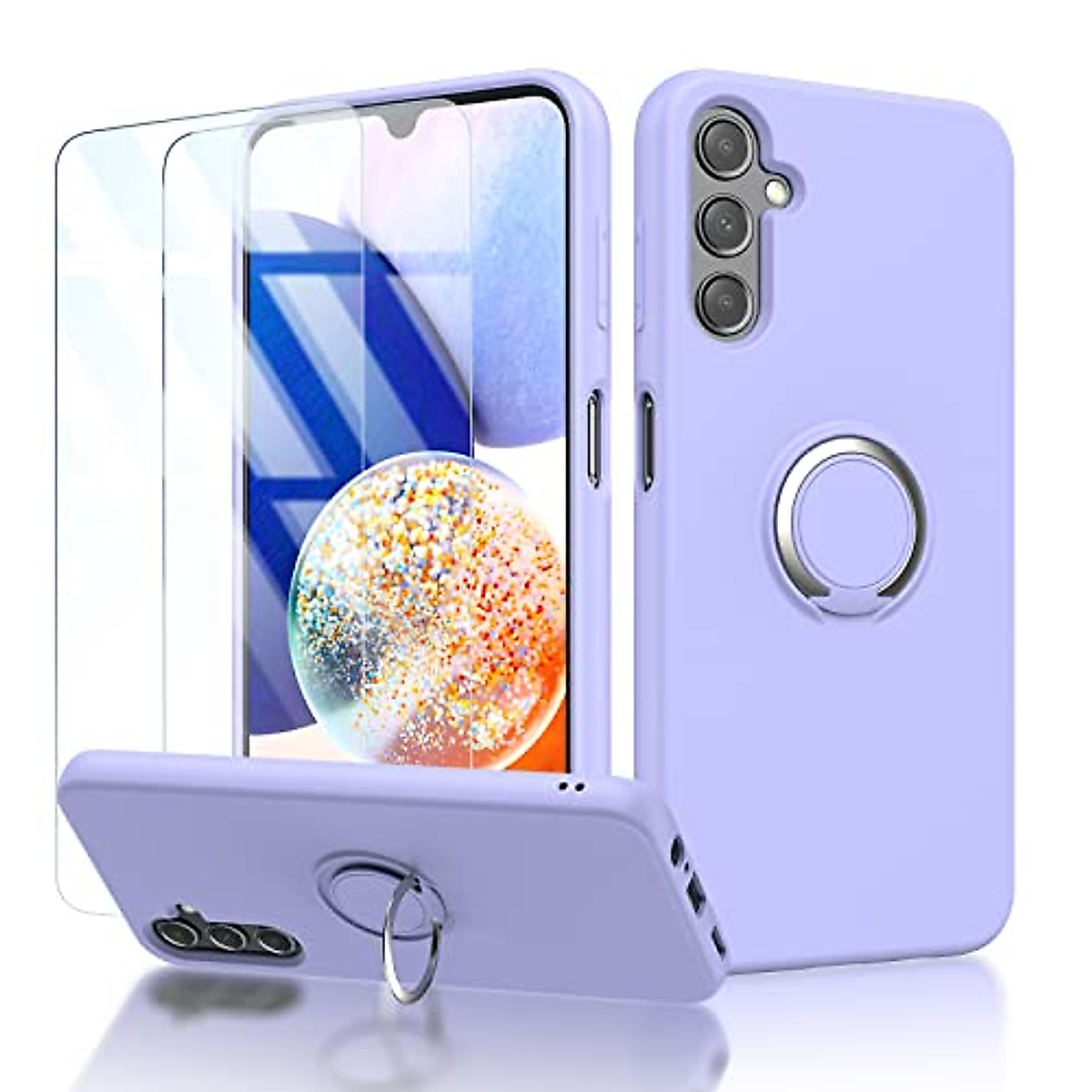 TUNKARMOR for Samsung Galaxy A14 5G Case: with 2 Pack Tempered Screen Protector & Built in 360° Adjustable Ring Kickstand Shockproof Protection Soft TPU Silicone Phone Cover (Purple)