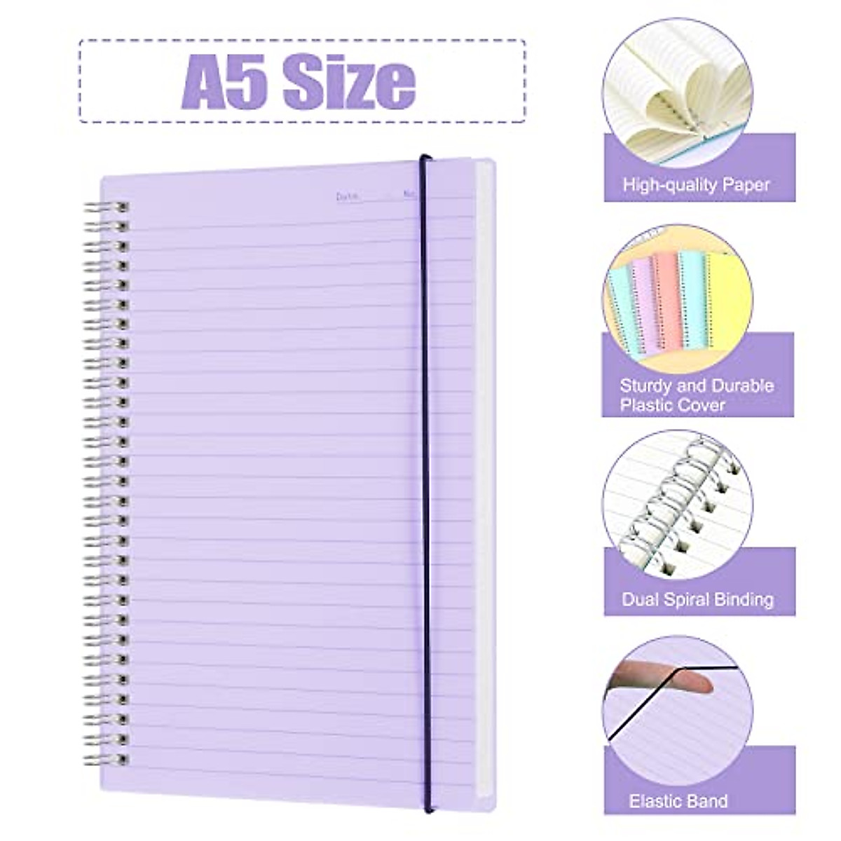 EOOUT 5 Pack Lined Spiral Notebook, 5.7" x 8.3" Journal for Women, Thick Plastic Cover, 160 Pages, 100gsm, Back to School, Office, Artist Writing/Drawing (Candy Colors)