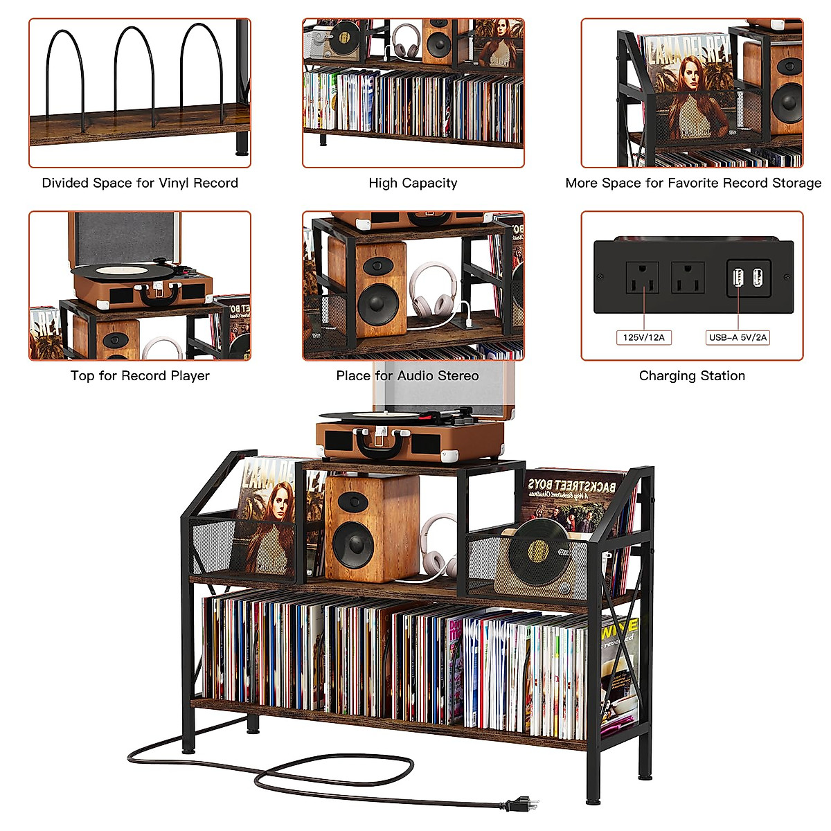 Homeiju Record Player Stand Holds up to 500 Albums,Turntable Stand with Vinyl Record Player Storage Cabinet,Large Record Player Table Vinyl Album Storage（Patent Pending）