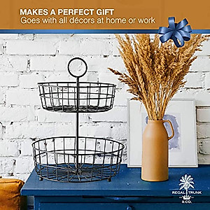 2 Tier Fruit Basket for Kitchen Regal Trunk & Co, Wire Fruit Organizer Bowl for Kitchen, Tiered Fruit Holder for Countertop or Hanging, Matt Brown Fruit stand in Metallic Frame Produce Holder