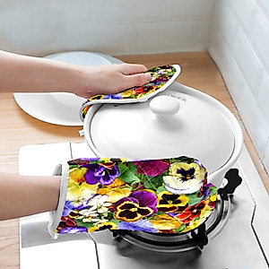 Oven Mitts and Pot Holders Set,Oven Glove Cooking Mitts Hot Pad,Flower Pansies Heat Resistant Kitchen Cooking Mitts Gift for Baking Grilling