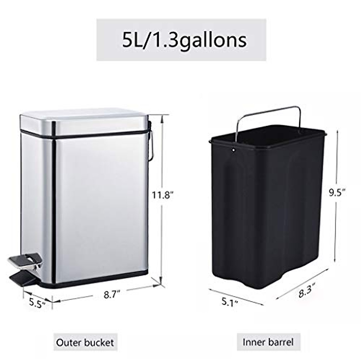 MYBA Trash Can Square Stainless Steel Kitchen Office Living Room Trash can,Foot Pedal Trash bin Removable Liner Plastic Waste bin, 5L/10L Garbage Bin (Color : White-1, Size : 5L)