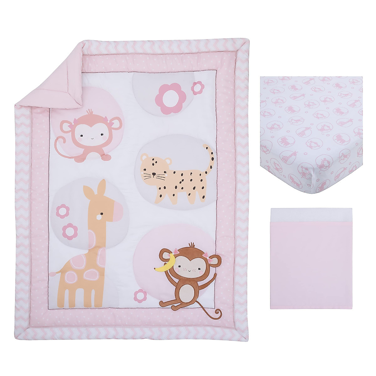 NoJo Little Love Sweet Jungle Friends Pink, White and Tan, Monkey, Cheetah and Giraffe with Polka dots and Flowers 3 Piece Nursery Crib Bedding Set - Comforter, Fitted Crib Sheet, and Crib Skirt