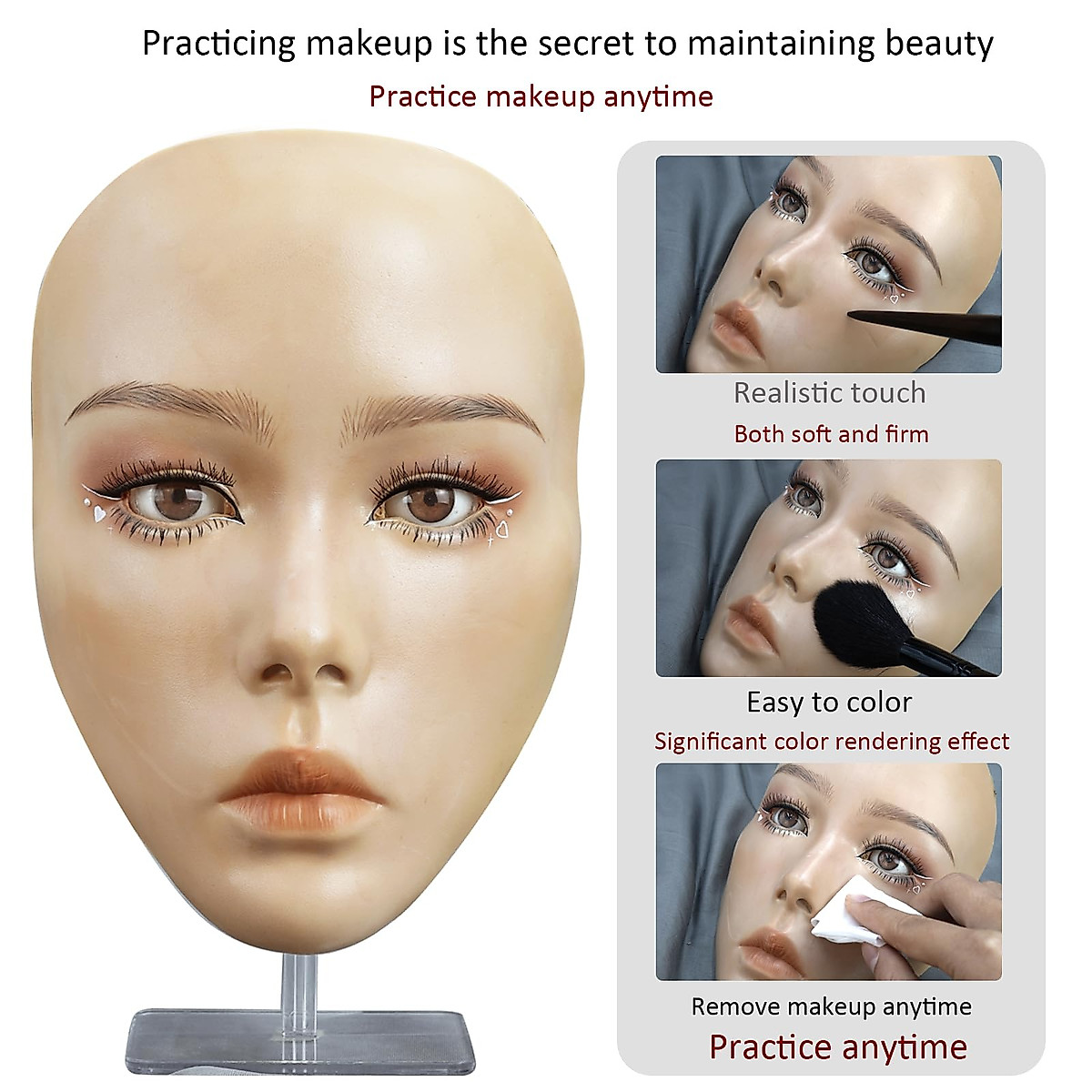 5D makeup Practice Face Board, Silicone Makeup Mannequin Face, Reusable Beginner Practice Eye Makeup Face, Eye Fake Silicone, Makeup Artist Full Face Practice Eyelash Eye Shadow Eyeliner Pen Simulatio