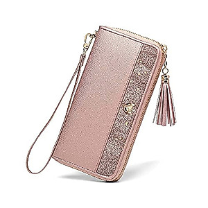 FOXER Women RFID Blocking Leather Wallet Bifold Wallet Clutch Wallet with Wristlet Card Holder (Rose Gold)
