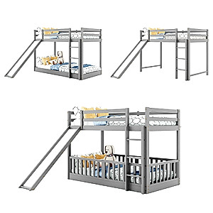 Harper & Bright Designs Twin Bunk Beds with Slide, Kids Wood Twin Over Twin Bunk Beds with Fence, Ladders, Safety Guard Rails for Kids, Toddlers, Teen, No Box Spring Needed (Grey)