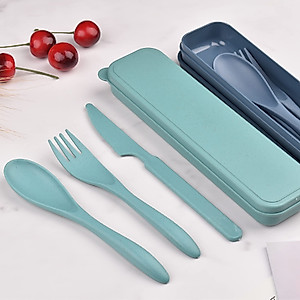 2 Sets Reusable Utensil Set with Case, Portable Camping Fork Knife Spoon Set, Wheat Straw Travel Utensils for Lunch Box, for School Work Lunch or Daily Use (Green, Blue)