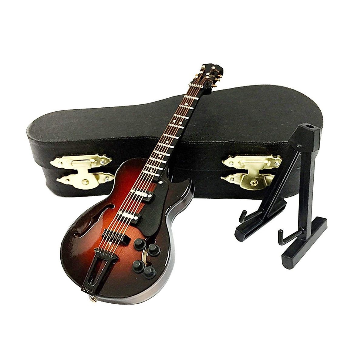 Denpetec Wooden Miniature Electric Guitar with Case and Stand Miniature Guitar Model Home Decor Display Ornaments