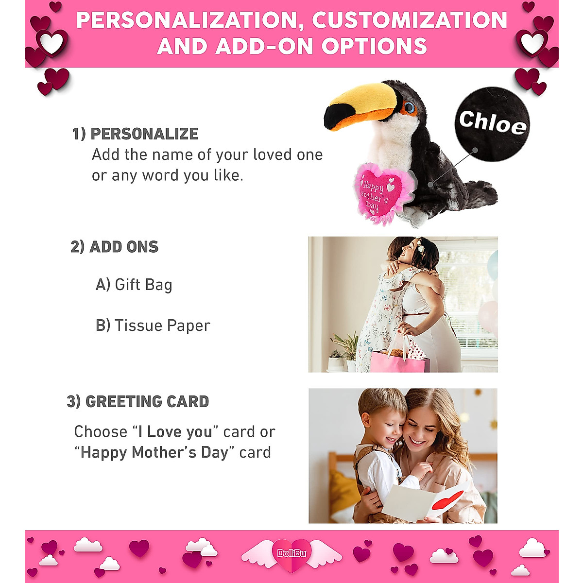 DolliBu Happy Mother's Day Super Soft Plush Toucan Doll Figure - Cute Stuffed Animal with Pink Heart Message for Best Mommy, Grandma, Wife, Daughter - 8" Inches