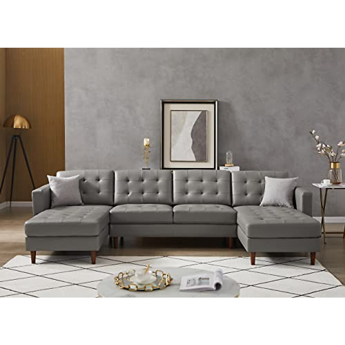 Aoowow Convertible Modular Sectional Sofa Couch U Shaped with Reversible Chaise PU Faux Leather (Grey)