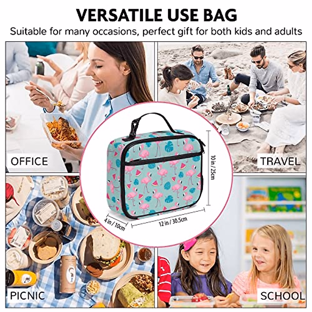 Insulated Lunch Box for Women Men, Large Capacity Reusable Lunch Bag with Front Pocket and Side Pocket, Meal Prep Cooler Tote for Work School Picnic Travel (Flamingo)