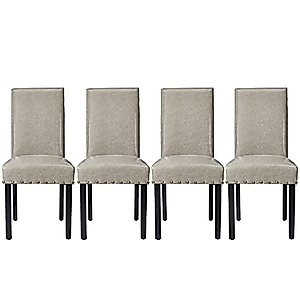 glitzhome Set of 4 Upholstered Chairs, PU Leather Dining Room Kitchen Side Chair with Nailhead Trim and Rubber Wood Legs, Gray