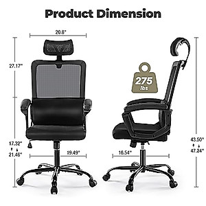 JHK Home Office Desk Chair, Ergonomic Office Chair with Adjustable Headrest and Soft PU Armrest, Swivel Rolling Chair Mesh Reclining Computer Chair with Lumbar Support and Tilt Function, Black