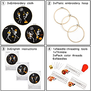 Halloween Embroidery Kit for Adult Beginner, Stamped Cross Stitch Kit for Beginner Adult, Funny Gothic Embroidery Starter Kit with Pattern Needlepoint Kit, 3 Embroidery Hoop and Fabric, Needle, Thread