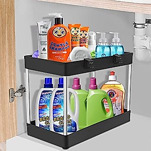 Piashow Under Sink Organizer, 2-Tier Under Sink Storage Organizer, Bath Collection Basket with 4 Hooks, Multi-purpose Bathroom Standing Rack, Storage Shelf for Kitchen (Black)