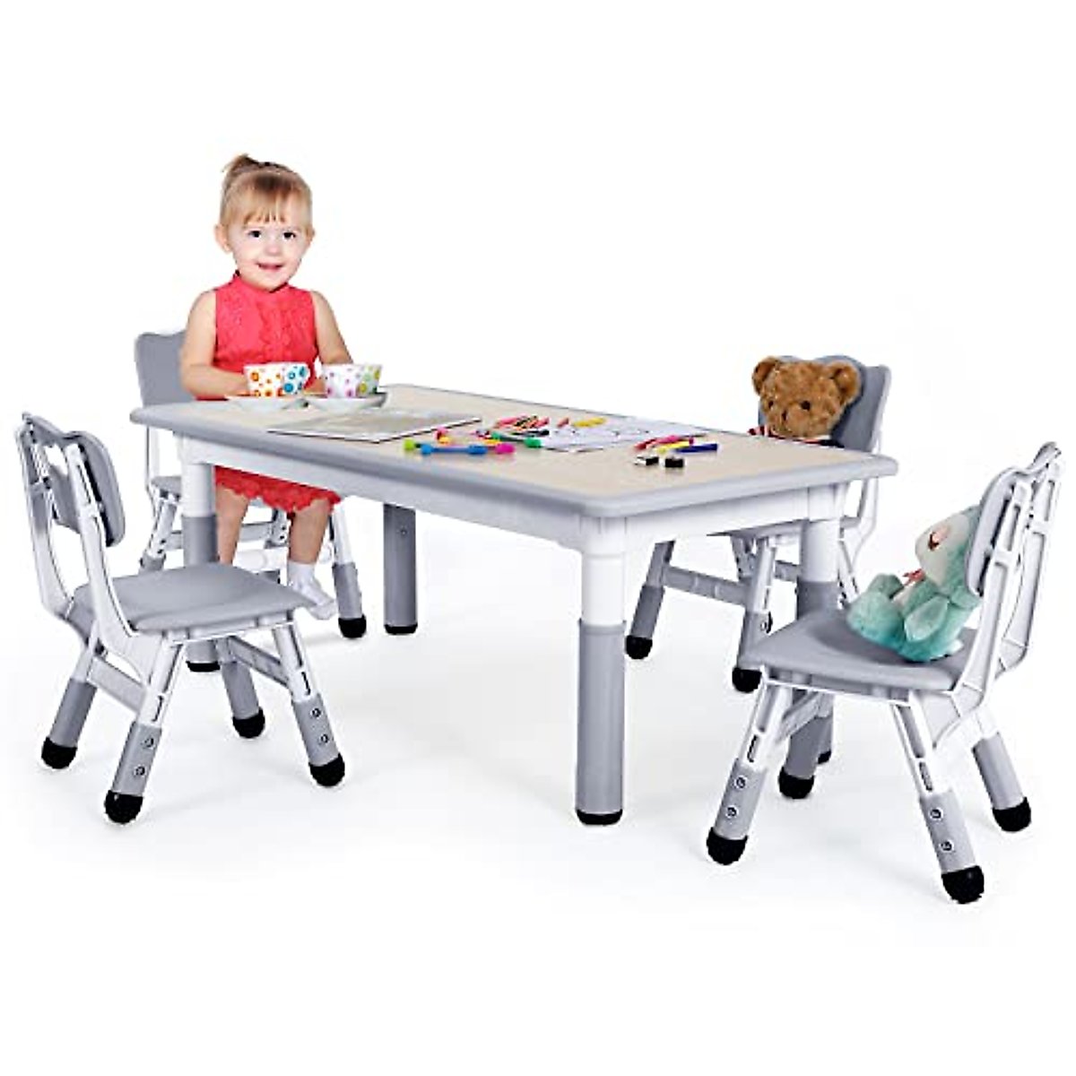 AuAg 47.2‘’ Kid Table and 4/6 Chairs Set, Height Adjustable Toddler Study Table&Chair Set for Age 2-10, Multi-Activity Art Table W/Graffiti&Scrubtable Desktop, for Daycare, Classroom, Home