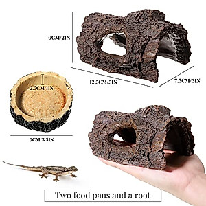 Reptile Hide, Reptile Food Bowls, Lizard Resin Hollow Tree Trunk Hideout, Bearded Dragon Tank Accessories Reptile Water Dish Habitat Tank Decoration for Lizards, Snake, Gecko, 3 Pcs (Brown Rock)