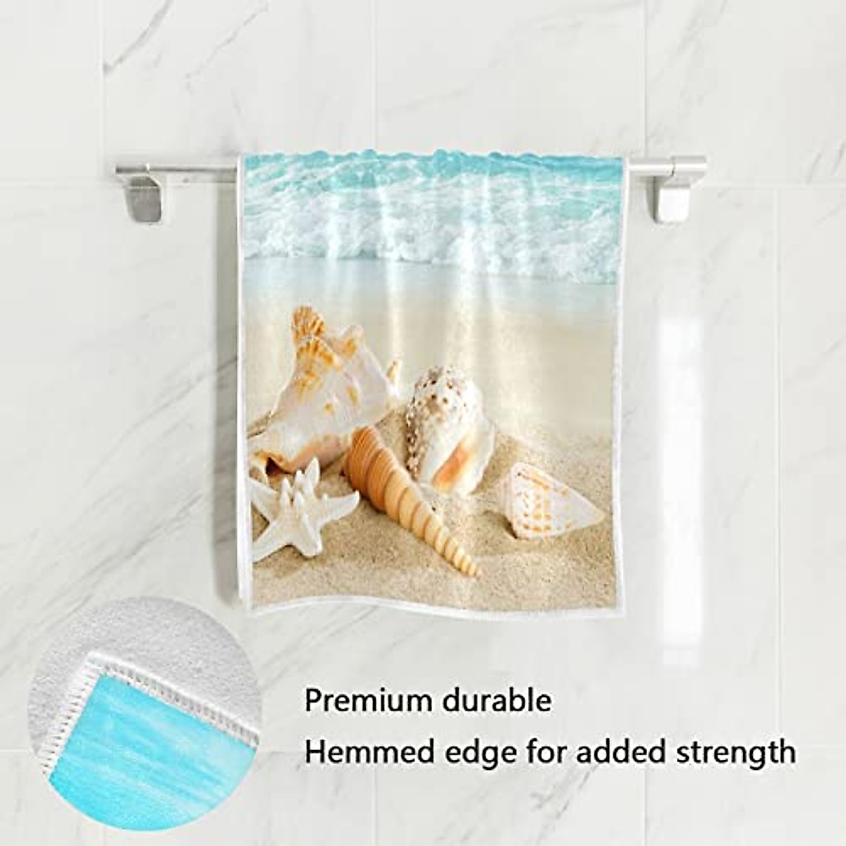 ZOEO Beach Hand Towel Summer Sea Shell Sandy Ocean Fingertip Face Towels Cotton Soft Absorbent Luxury Kitchen Dish Cloth Washcloths 30 x 15 Inch for Bathroom Guest Gym Hotel Spa Yoga Sport Home Decor
