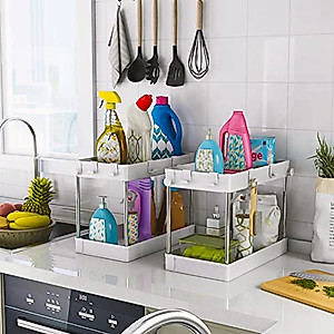 2 Pack Under Sink Organizer And Storage, 2 Tier Bathroom Cabinet Storage Rack with 12 Hooks,Multi-purpose Organizer And Storage For Kitchen Countertop Bathroom Cabinet (White)