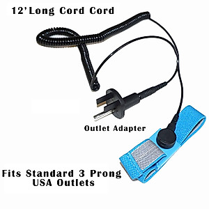 Static Care Banana Jack Outlet Plug Adapter with ESD Anti Static Wrist Strap Set 12' Coil Cord - Universal Ground 3 Prong USA Adapter