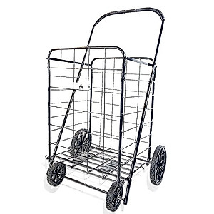 ATH Large Deluxe Rolling Utility / Shopping Cart - Stowable Folding Heavy Duty Cart with Rubber Wheels For Haul Laundry, Groceries, Toys, Sports Equipment, Black