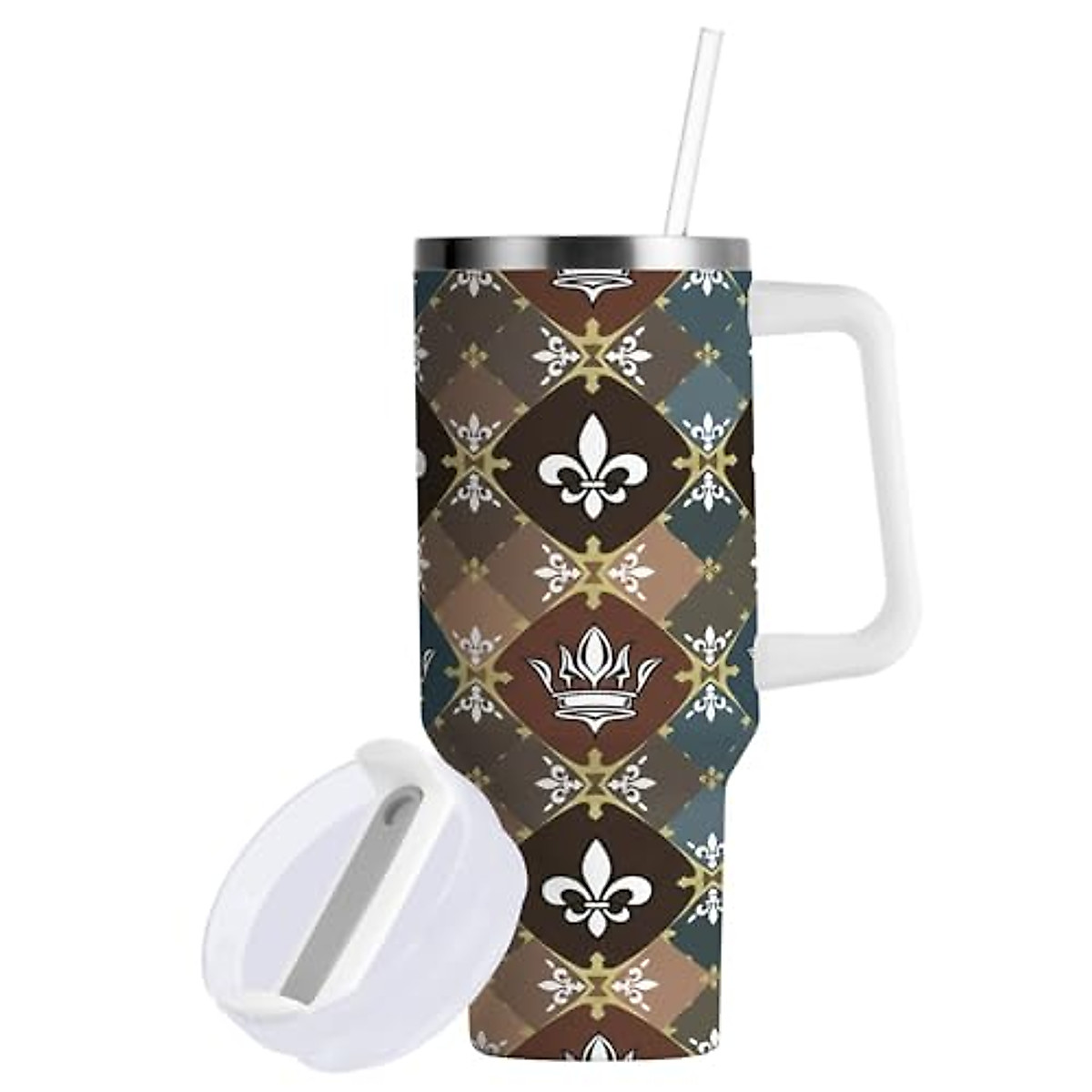 RPLIFE Ornate Crowns and Fleur De 40 Oz Tumbler with Handle and Straw, Stainless Steel Tumbler with Straw, Coffee Tumbler