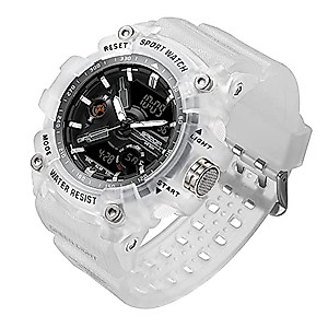 KXAITO Men's Analog Sports Watch Military Watch Outdoor LED Stopwatch Digital Electronic Large Dual Display Waterproof Tactical Army Wrist Watches for Men 3179 (Translucent White)