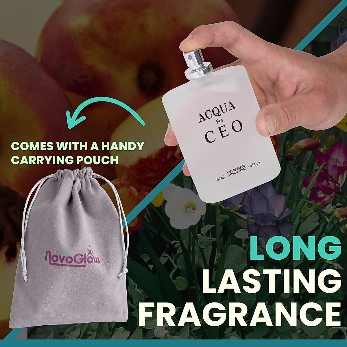 NovoGlow AQUA FOR CEO, Eau de Toilette Spray Perfume, Fragrance For Men- Daywear, Casual Daily Cologne Set with Deluxe Suede Pouch- 3.4 Oz Bottle- Ideal EDT Beauty Gift for Birthday, Anniversary