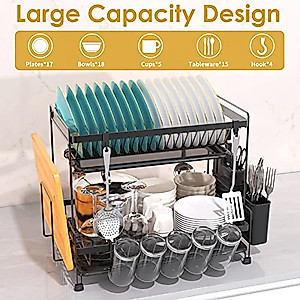 heesky Dish Drying Rack, Rustproof 2 Tier Dish Rack, Large Capacity Dish Drainer Rack with 2 Drainboard Tray and Utensil Holder for Kitchen Countertop (Black)