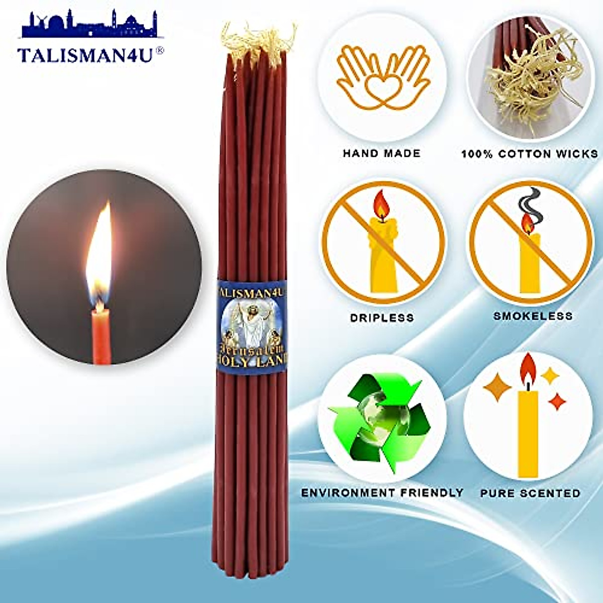 33 Natural 100% Beeswax Taper Candles 11 inch Tall Blessed Church Jerusalem Holy Land Candles (Red)