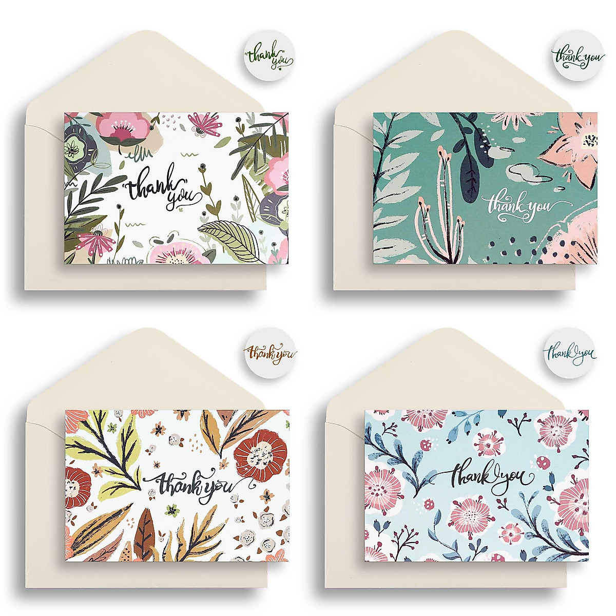Oletx 24 Floral Thank You Card Set, The Four Season Floral Style Thank you Cards, 4.2x6.2 Cards Bulk with Envelopes, Stickers, Card Box for Wedding, Small Business, Baby, Bridal Shower, Thanksgiving