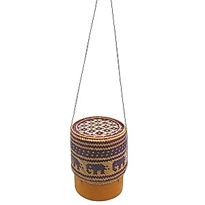 Bamboo Sticky Rice Serving Basket 5x6 Inch, Kratip, Intricately Woven Container, Round Shaped, Elephant Weave Pattern, Thailand Handmade, Dyed with Natural Based (Purple)