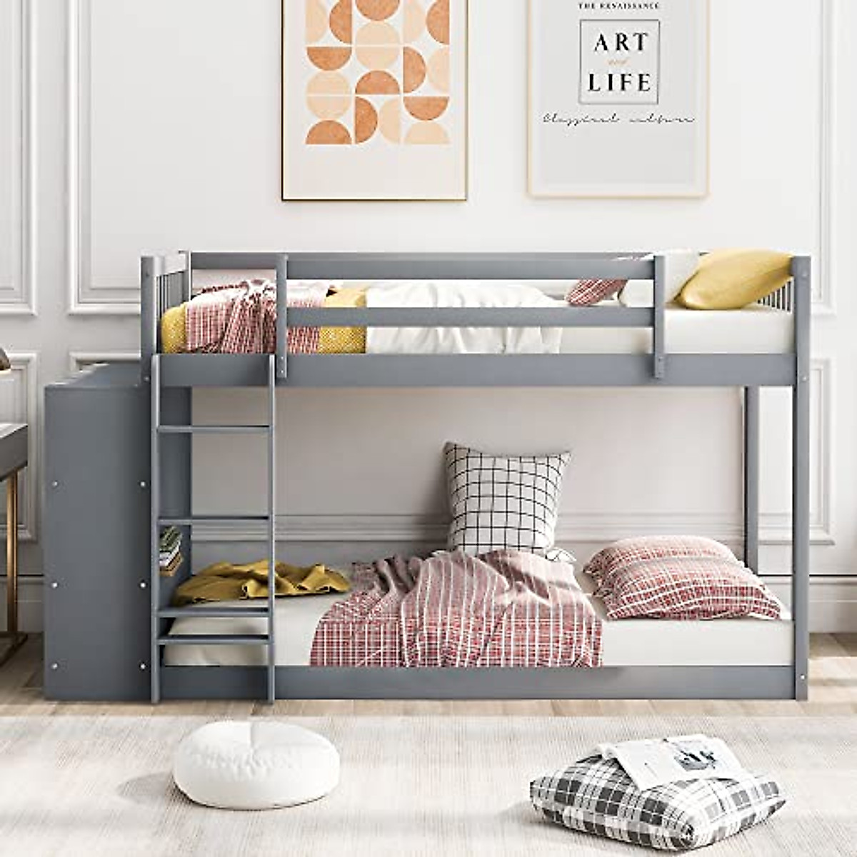 P PURLOVE Twin Over Twin Bunk Bed with Attached Cabinet and Shelves Storage, Wooden Bunk Bed Frame with Ladder and Guardrail, for Teens Girls Boys, Gray